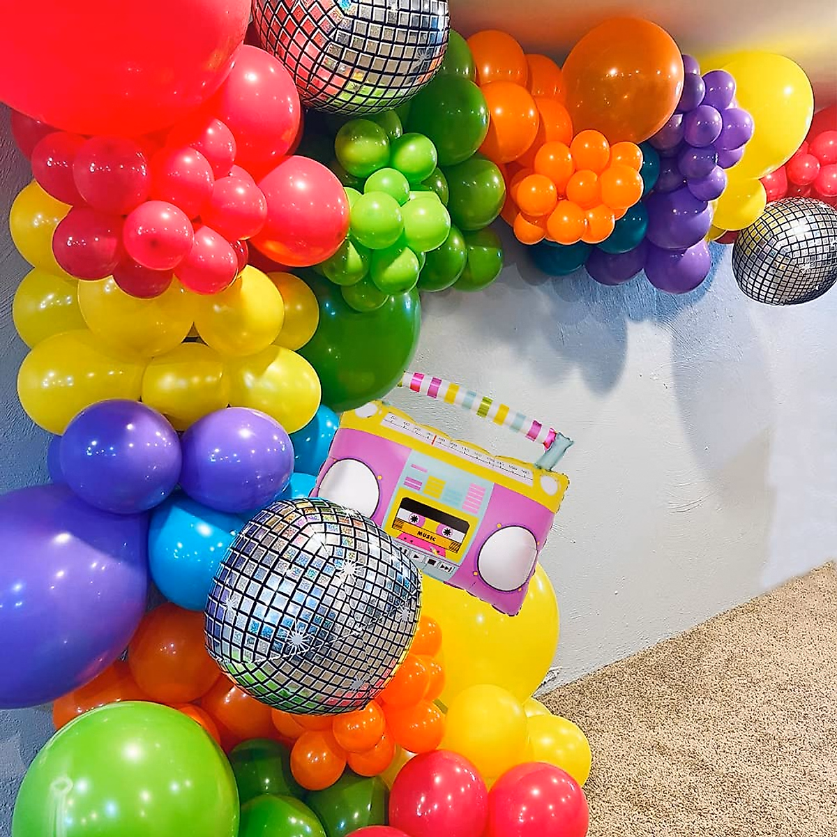 Back to 80s 90s Party Decorations, 124Pcs Disco Balloon Garland Arch Kit, Disco Radio Foil Balloon Hot Pink Green Purple Blue Orange Balloons for Retro Party Decorations Hip Hop Rock Photo Props Backdrop