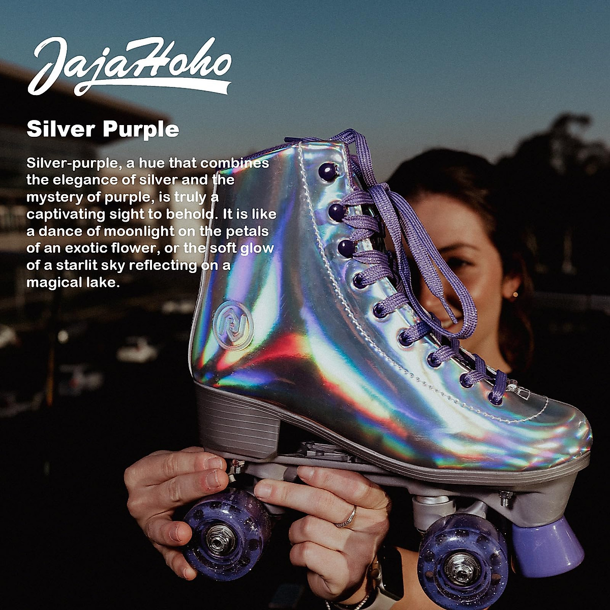 JajaHoho Roller Skates for Women, Holographic High Top Classic Rollerskates, Shiny Double-Row Glitter Four Wheels Quad Skates for Girls, Age 3-50, Indoor &Outdoor (Size 7, Silver Purple)