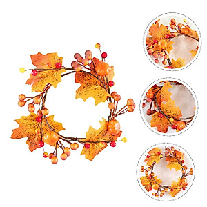 VOSAREA Maple Pumpkin Wreath Mini Autumn Wreath Farmhouse Fall Garland Halloween Party Wreath Decorative Hanging Wreath Pumpkin Candle Ring Mini Maple Leaf Front Door Iron Wire Ornaments