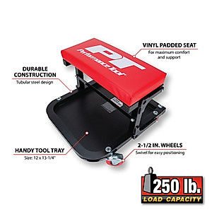 Performance Tool W85021 Folding C-Frame Creeper Rolling Work Seat with Tool Tray for Mechanic Garages and Workshops, Black/Red, 12.5-inch Height