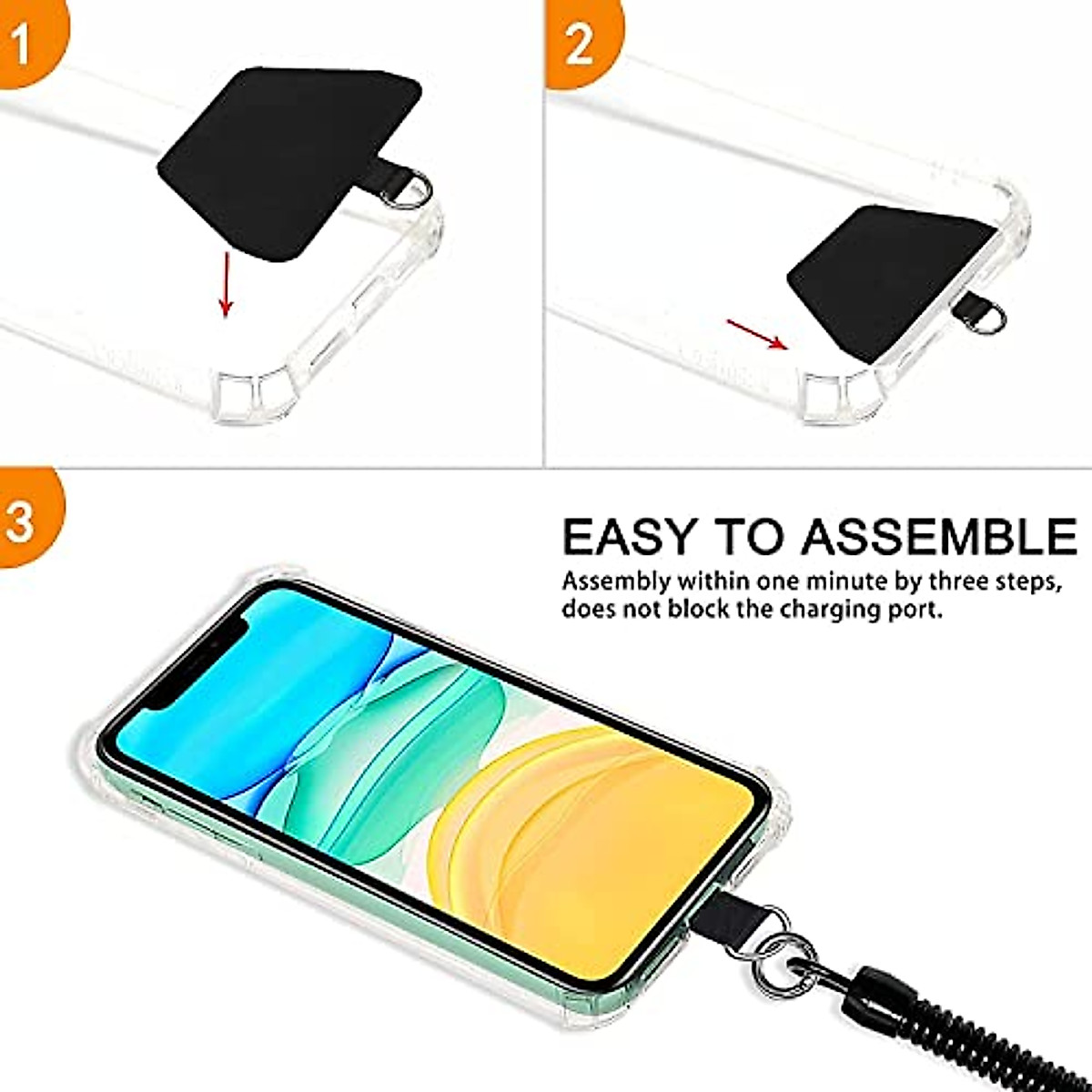 takyu Cell Phone Lanyard Tether with Patch, Universal Smartphone Wrist Strap, Including 2 Black Phone Chain Cords and 4 Transparent Phone Tether Tabs