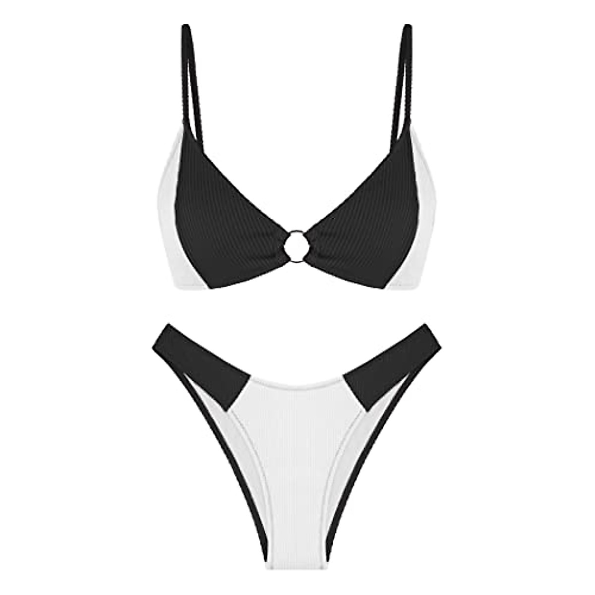 ZAFUL Bikini Sets for Womens Swimsuits Color Block O-Ring Bikini Two Piece Bathing Suits Thong Bikini Swimsuit (Black M)