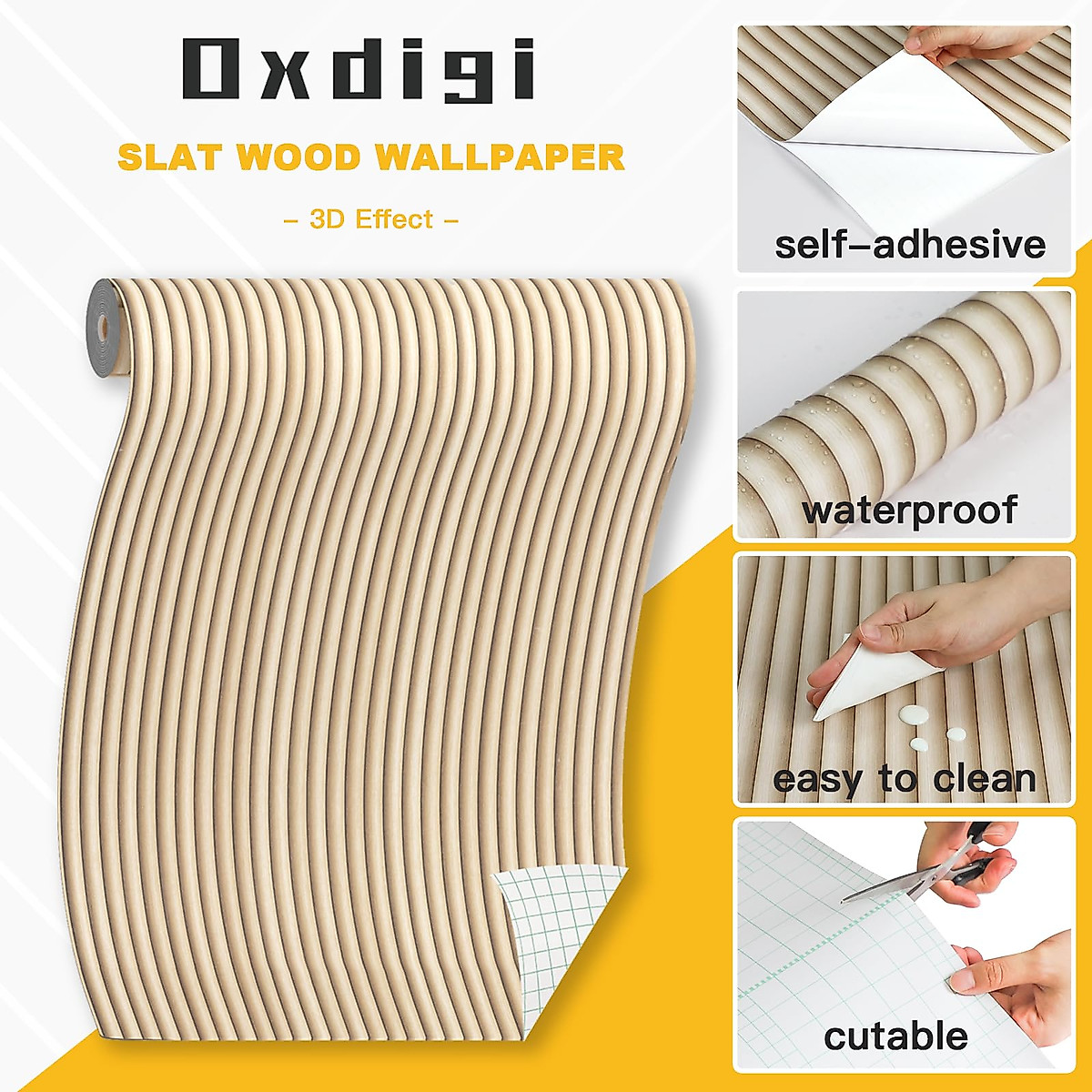 Oxdigi Wooden Slat Peel and Stick Wallpaper - Self-Adhesive Contact Paper with 3D Effect | Waterproof & Removable | PVC Contact Paper for Countertops & Cabinets | 11.8 in x 16.4 ft | Light Wood