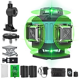 16 Lines Laser Level Self Leveling, 4x360° 4D Green Cross Line Lazer Level Tool with 2 Rechargable Batteries,Two 360° Vertical and Two 360° Horizontal Laser Dimmable brightness & Remote Controller
