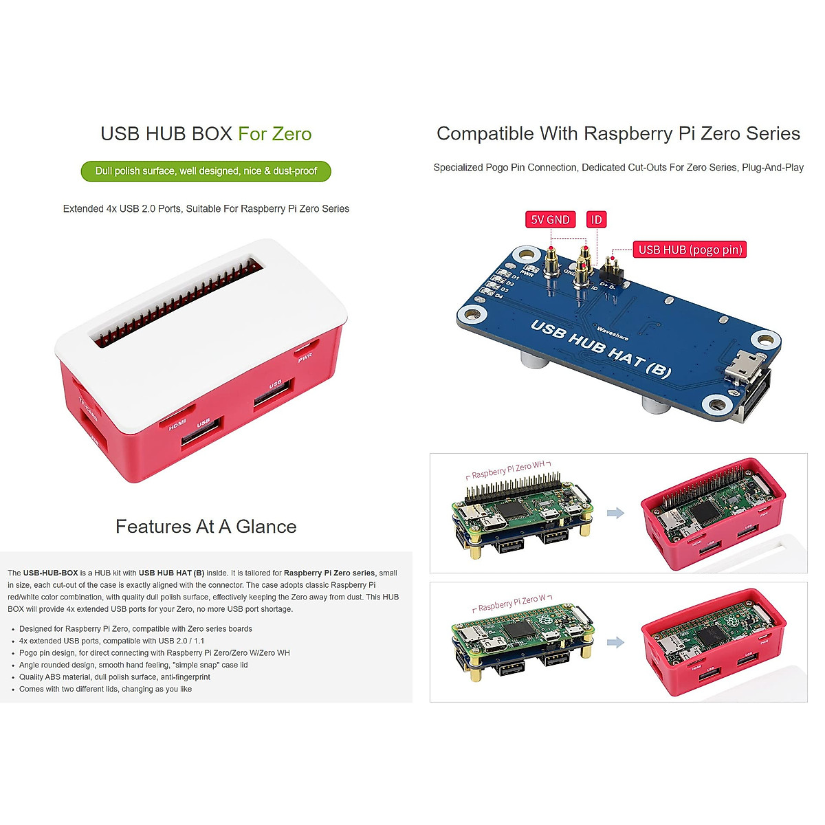 Waveshare USB HUB Box for Raspberry Pi Zero Series 4X USB 2.0 Ports Suitable for Raspberry Pi Zero Series