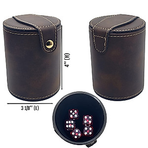Personalized Set of Dice Cup with Storage Compartment Customized PU Leather Dice Cup with 5 Red Dice Custom Gift (Rustic/Gold)