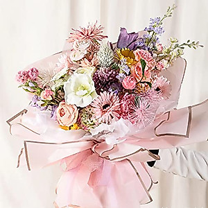 Jutieuo 20 Sheets Flower Wrapping Paper Florist Bouquet Supplies Waterproof Floral Wrapping Paper with Ribbon, 22.8x22.8 inch (Pink)