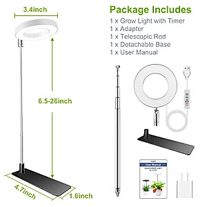 Kullsinss Grow Lights for Indoor Plants, Full Spectrum Halo Growing lamp with Detachable Base, Height Adjustable, 3 Colors, 10 Dimming, Automatic Timer, Plant Light for Succulents Small Plants