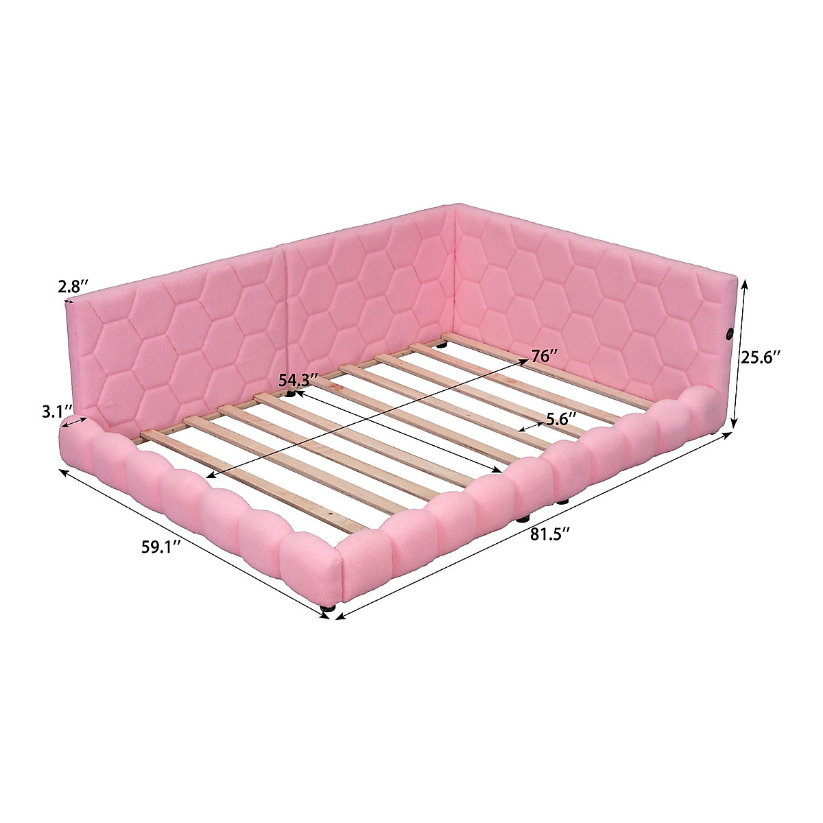QVUUOU Upholstered Platform Bed Daybed with USB Ports and LED Lights Belt, Full Size Wood Bed Frame for Bedroom Furniture, Teddy Upholstered Bed Multifunctional Bed Floor Bed Grounded Bed (Pink)