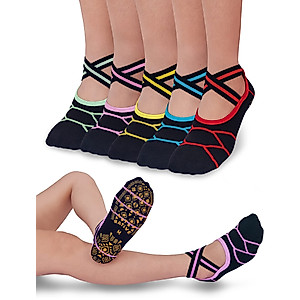 RATIVE X-Cross Anti Slip Non Skid Barre Yoga Pilates Hospital Socks with grips for Adults Men Women (Small, 5-pairs/Line)