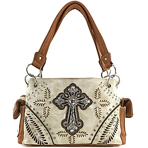 Zelris Fall Fern Leaf Western Cross Women Conceal Carry Handbag Wallet Set (Beige)