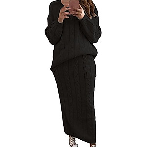 CHARTOU Women's Winter Chunky Cable Knit Long Skirt 2 Piece Outfit Sweater Sets (Large, Black)