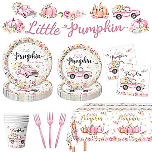 122PCS Little Pumpkin Baby Shower Decorations - A Little Pumpkin is On The Way Baby Shower Include Plates, Napkins, Cups, Forks, Tablecloth, and Banner for Girl Pumpkin Baby Shower, Serves 24