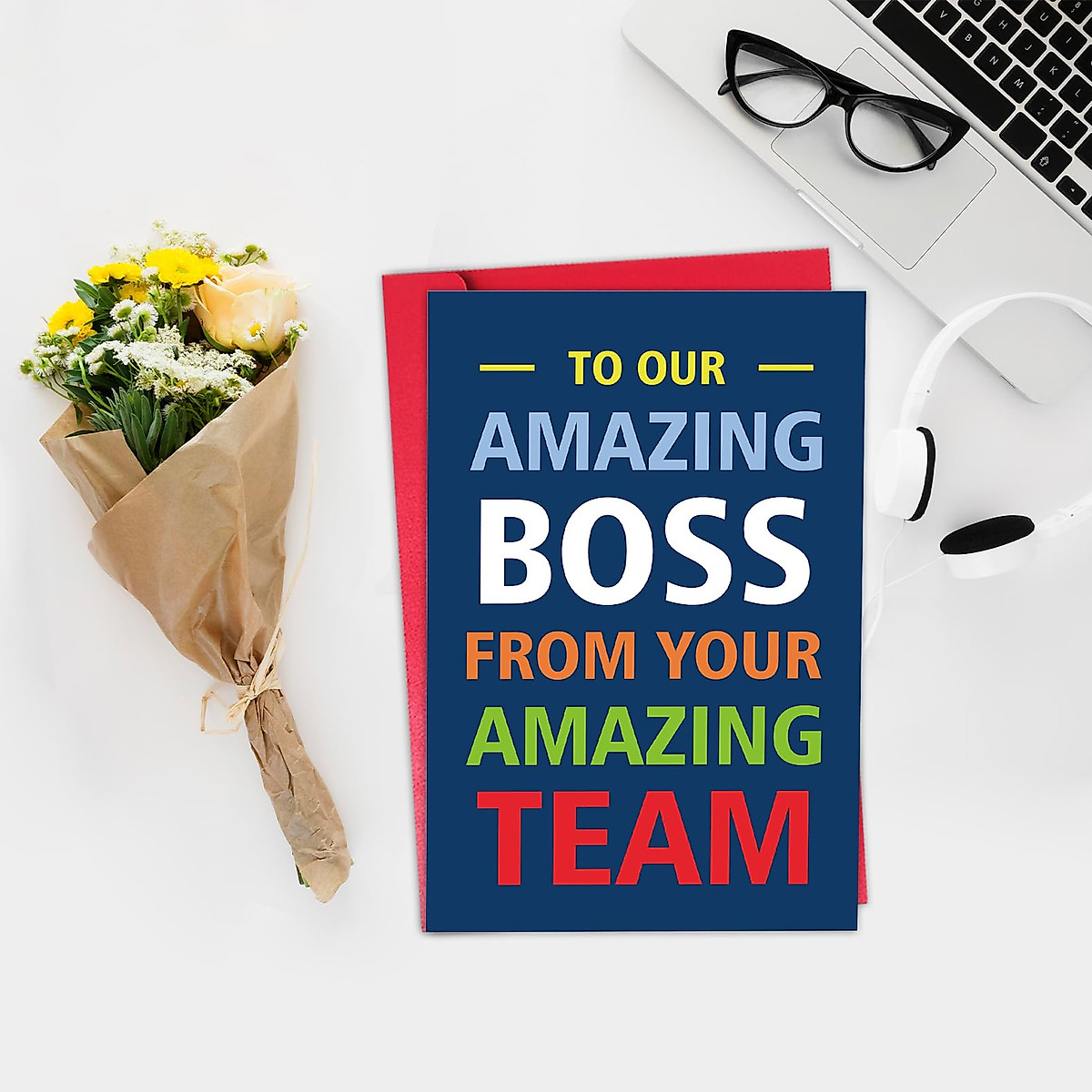 Huokiriki Boss Birthday Card for Men Women, Funny Bosses Day Gift, Appreciation Card for Boss Leader Mentor,To Our Amazing Boss from Your Amazing Team,Thick card stock,Envelope Included.
