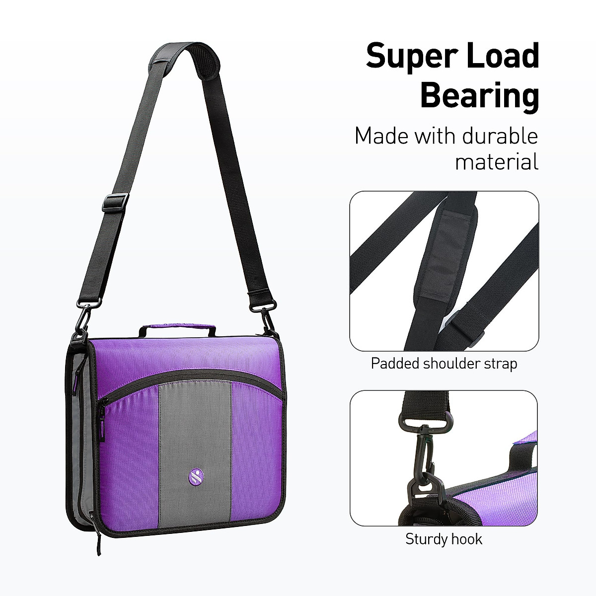 Kinbashi 3-Inch Zipper Binder, Round Ring Binder with Expanding Files, Handle and Shoulder Strap, Violet