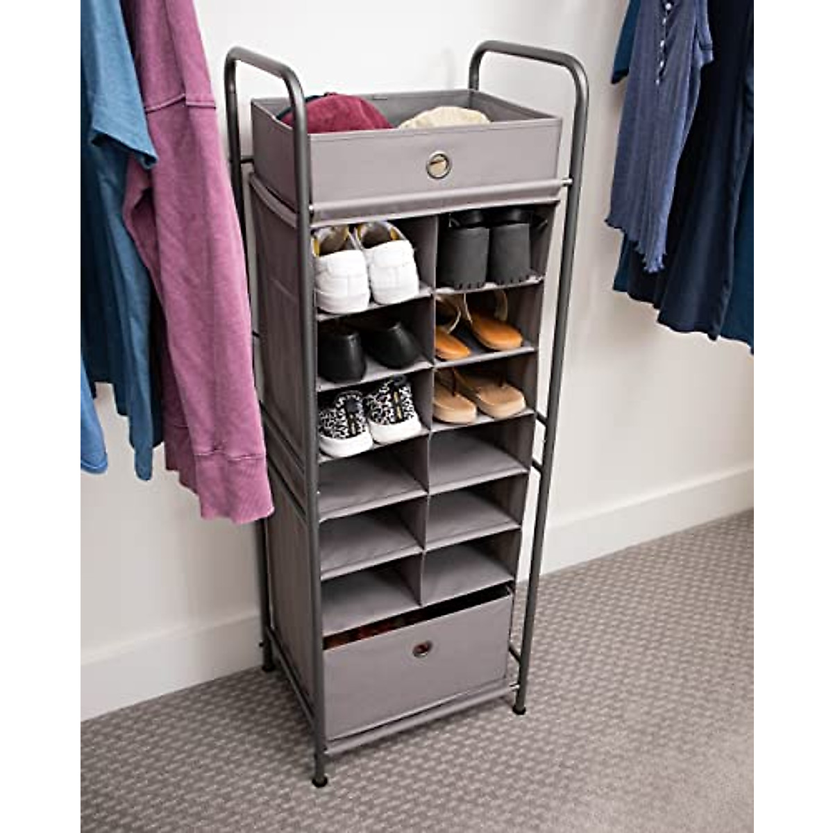 BIRDROCK HOME 12 Cubby Vertical Shoe Rack Organizer with Large Drawer - Grey - Free Standing Tower for Closet - Sturdy Metal Frame - Space Saver - Bedroom Organization