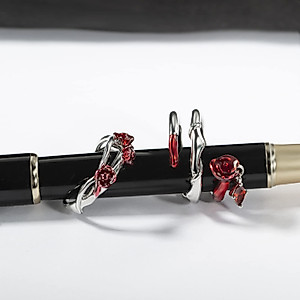 Yumikoo Red Rose Ring Set Adjustable Enamel Copper Stacking Rings 2Pcs for Women