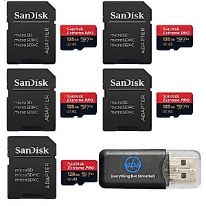 SanDisk 128GB Micro SDXC Extreme Pro Memory Card (Five Pack) Works with GoPro Hero 7 Black, Silver, Hero7 White UHS-1 U3 A2 Bundle with (1) Everything But Stromboli Micro Card Reader