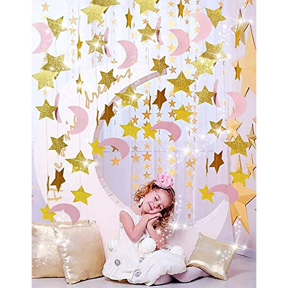 Moon and Star Garland Twinkle Twinkle Little Star of 2pcs Pink Gold Princess Birthday Party Decorations Pink Gold Moon Star Baby Shower Decorations 1st Birthday Garland Love You to the Moon and Back