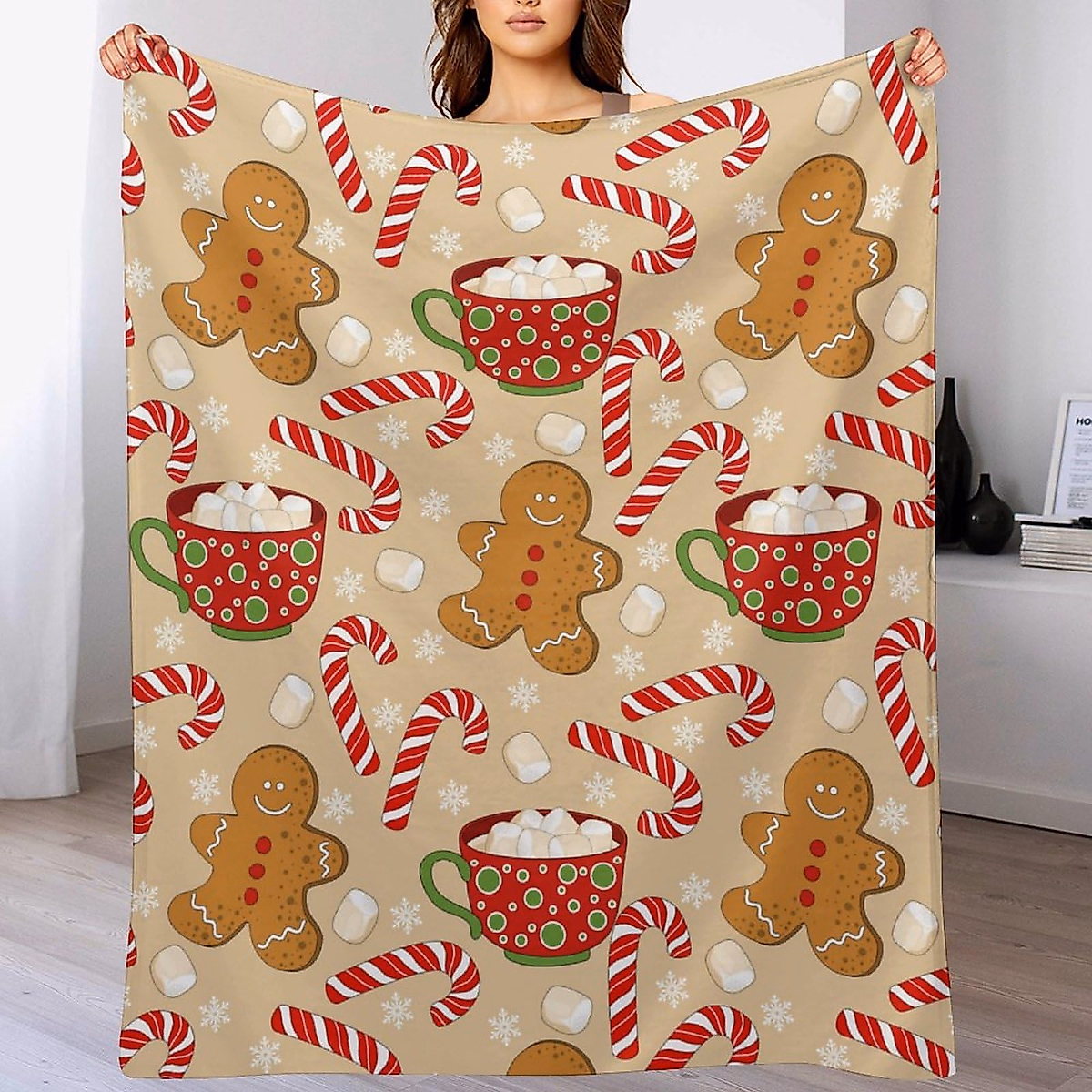 MEIKKO Cute Christmas Gingerbread Throw Blanket Soft Warm Candy Cane Lightweight Flannel Plush Fuzzy Blankets Gift for Women Kids Boys Teens 50X60 in