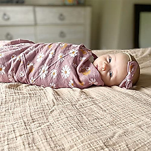 LifeTree Baby Muslin Swaddle Blankets for Boys & Girls, Newborn Swaddle Set with Matching Headband Bow, Neutral Infant Receiving Blanket Swaddle Wrap, 47 x 47 inches, Mauve Daisy, Bamboo Cotton