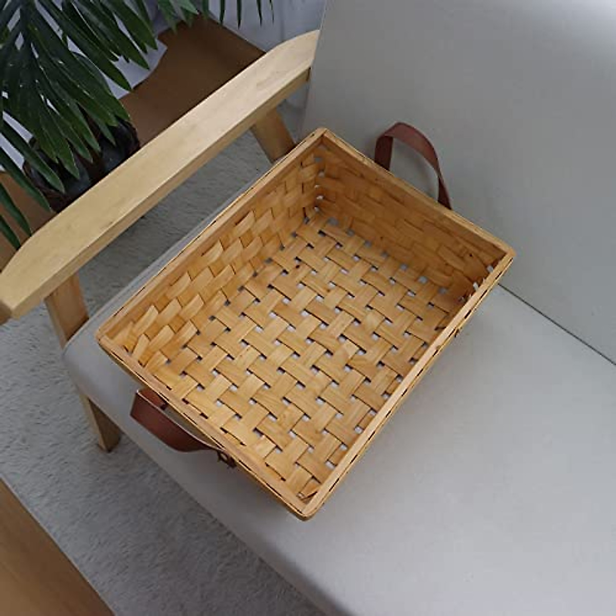 Rectangular Wooden Basket, Natural Hand Woven Storage Basket with Leather Handles for Sundries Toys Fruits