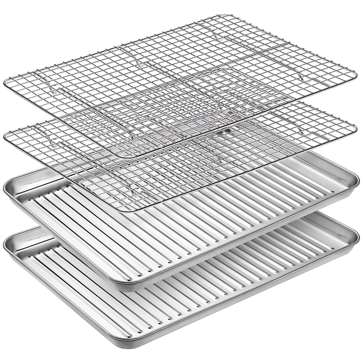 Quarter Sheet Pan with Rack Set (2 Baking Pans + 2 Cooling Racks), CEKEE Stainless Steel Cookie Sheets for Baking and Wire Rack Set, Nonstick & Warp Resistant & Heavy Duty, Size 12 x 10 x 1 Inches