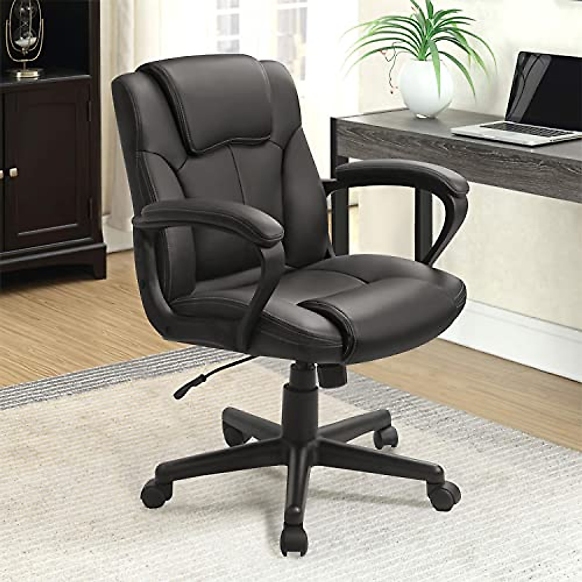 Shahoo Executive Office Chair Mid Back Swivel Computer Task, Ergonomic Leather-Padded Desk Seats with Lumbar Support,Armrests, Black