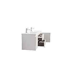 OMGO 60'' Wall Mounted Double Bathroom Vanity with White Solid Surface Sink, Modern Wood Cabinet Basin Vessel Set w/Two Drawers and 2 Storage, H90 Hanging System, Easy Installation