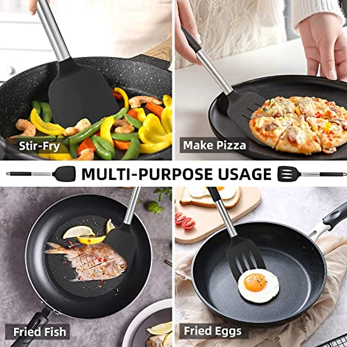 Cooptop 4-Piece Silicone Spatula Set - Silicone Slotted Turner and Solid Turner - Silicone Slotted Spoon and Solid Spoon - 600°F Heat Resistant Non-Stick Cooking Utensils (Black)