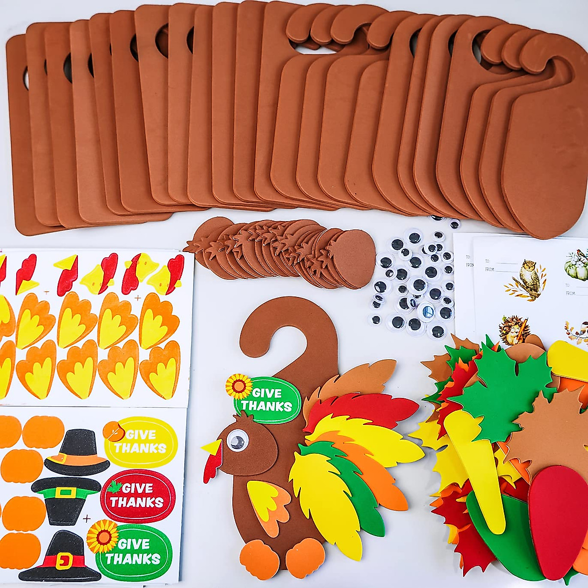 Winlyn 24 Sets Thanksgiving Turkey Doorknob Hanger Decorations Art Sets DIY Thanksgiving Craft Kits Fall Crafts Give Thanks Turkey Foam Stickers Arts and Crafts for Kids Party Classroom Activities