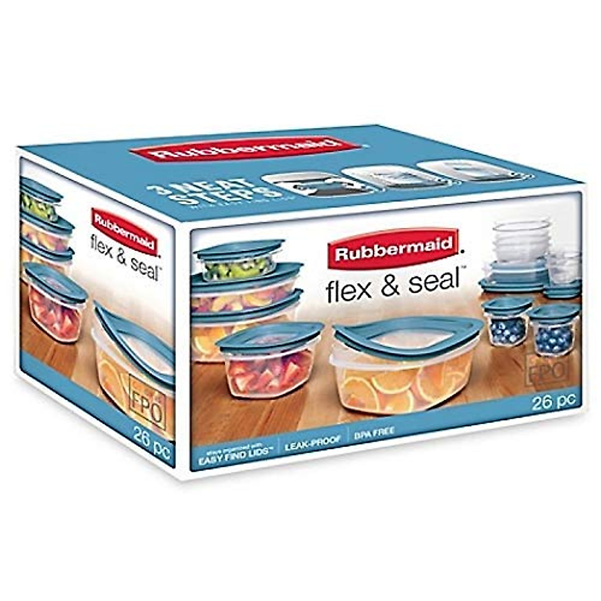 Rubbermaid 26 Piece Flex & Seal with Leak Proof Lids, Easy to find, snaps right on to the bases, Blue