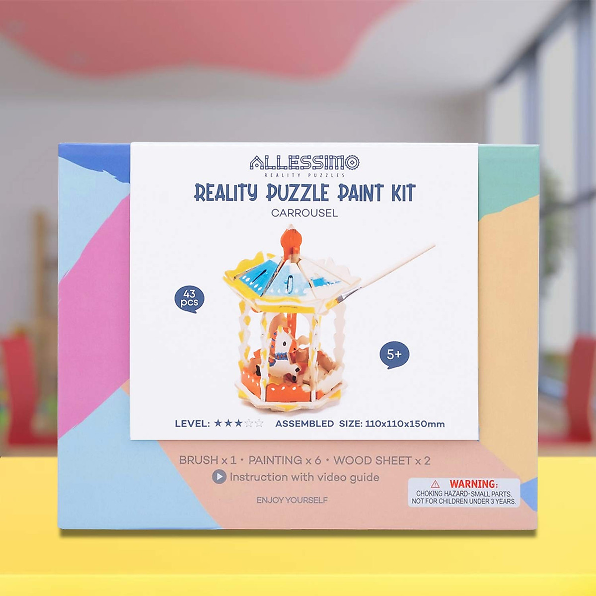 Allessimo 3D Paint Creat Puzzle (Carousel - 43pcs) Model Paint Kit with Brush Toys for Kids Puzzle Build 3D Puzzles Educational Crafts Building DIY