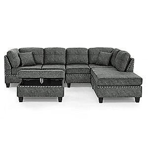Evedy Modern Sectional, Living Room Furniture Sets,L-Shaped Storage Ottoman,Couch with Nail-Head Trim,3-Seaters Sofa with Extra Wide Reversible Chaise and 2 Small Pillows, Grey Fabric