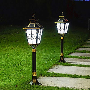 Vintage Solar Column Light LED Post Lamp Outdoor Retro Glass Lantern European Antique Aluminum Metal Courtyard Lighting Park Community Path Street Light Victorian High Pole Lamp IP65 Deck Patio
