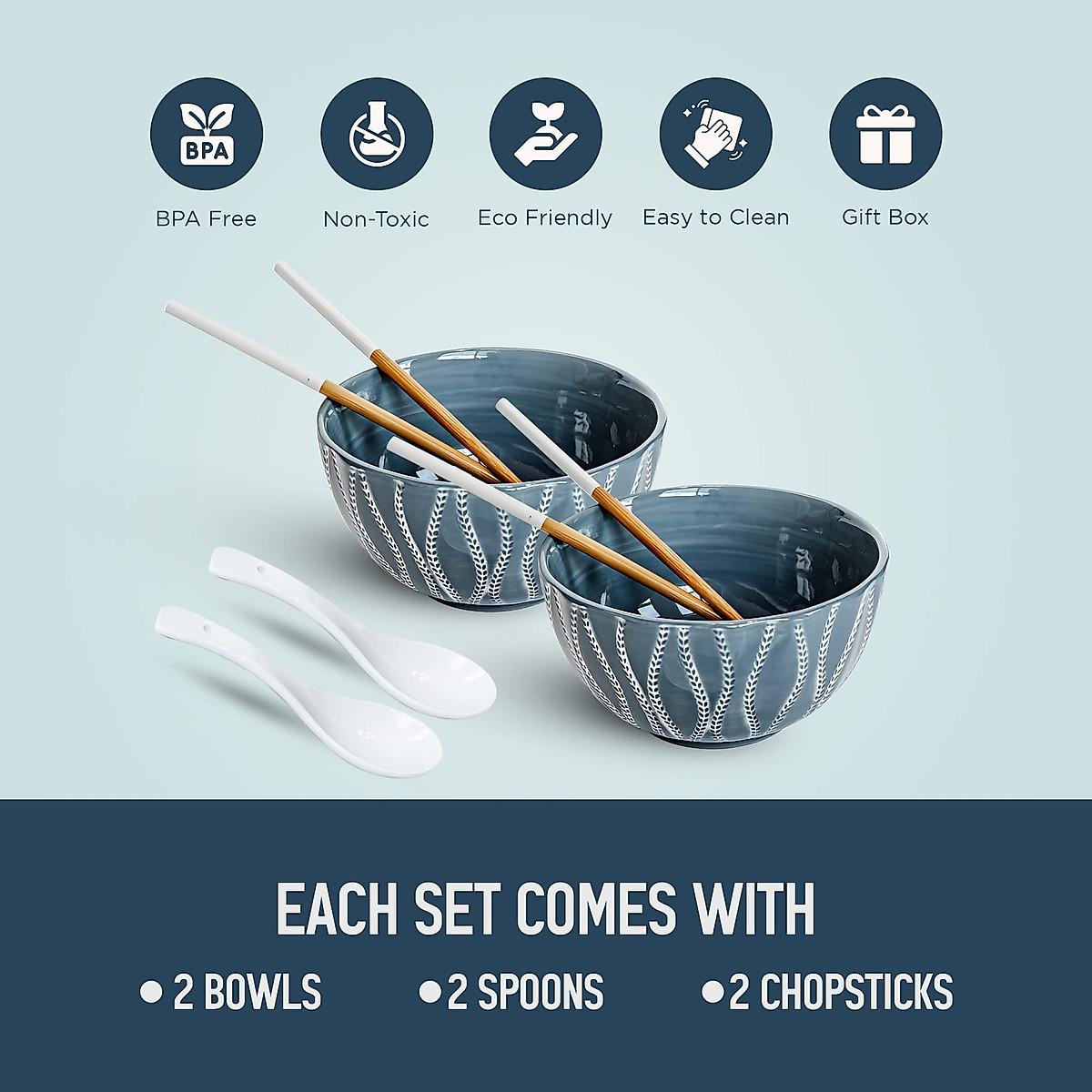 Ramen Bowl Set, Hand Painted, comes with 2 Ramen Bowls 2 Spoons and 2 Chopsticks, Ramen Bowl with Chopsticks, Pho Bowl, Noodle Bowl, Soup Bowl