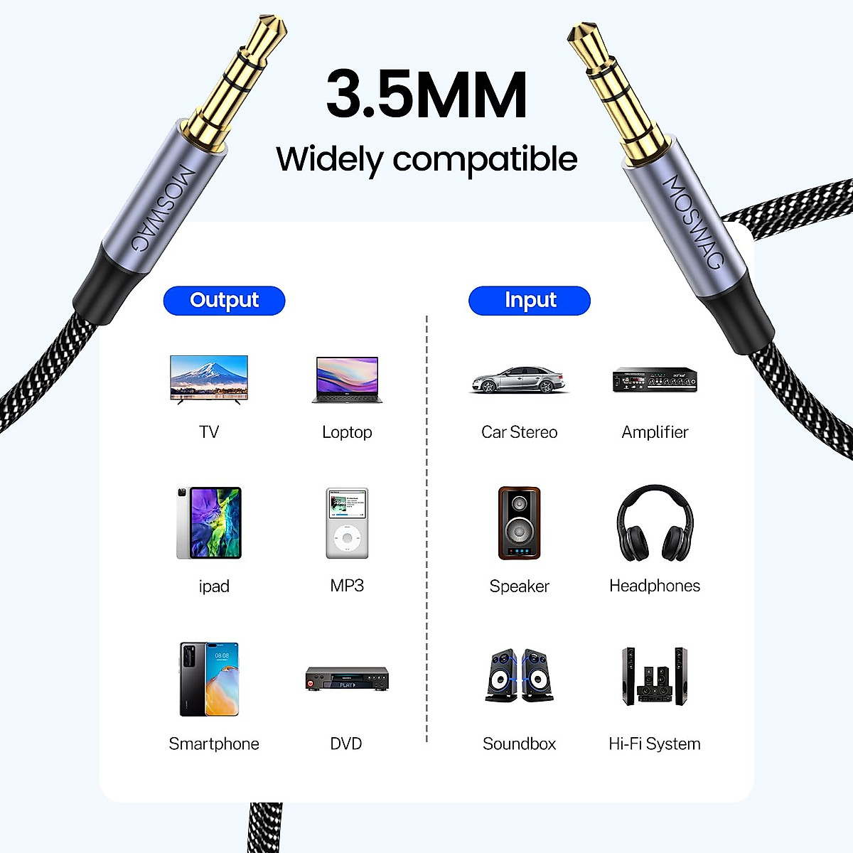 MOSWAG 3.28FT/1Meter 3.5mm Aux Cord to 3.5mm Audio Aux Jack Cable Male to Male Aux Cable Nylon Braided Stereo Jack Cord for Phones,Headphones,Speakers,Tablets,PCs,Music Players and More