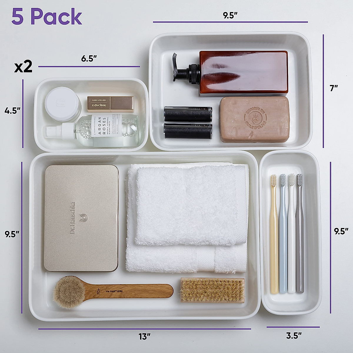 Superio Ribbed Collection - Decorative Plastic Desk Drawer Organizer Tray, White (Set of 5) Open Home Storage Bins Organizer Baskets, for Organizing Closet Shelves Drawer Shelf