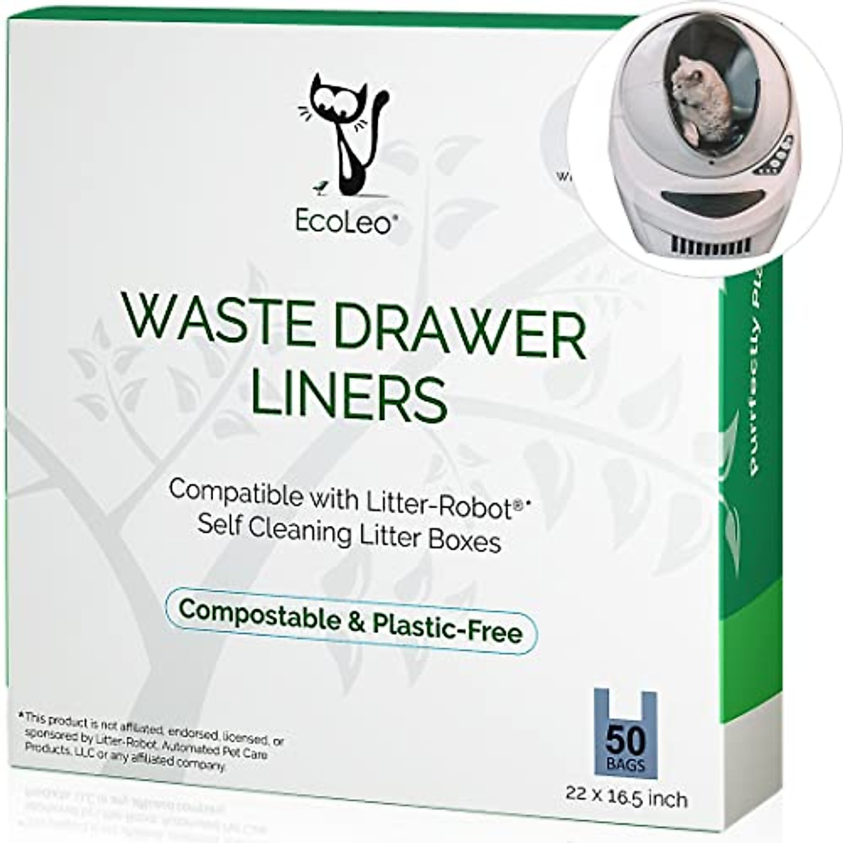 EcoLeo Liners, Litter-Robot 3 Compatible, Compostable New & Improved, Plastic-Free bags with Handles, Thick, for Automatic Litter Box Waste Drawers (50-Count)