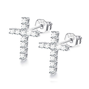 Sllaiss Cubic Zirconia Cross Stud Earrings 925 Sterling Silver CZ Stud Earrings for Women