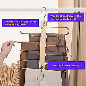 Ulimart Pants Hangers 2Pcs Pants Hangers Space Saving,Wooden Multiple Layers Pants Rack with Non-Slip Rubber Coating Pants Organizer for Trousers Scarves Slack