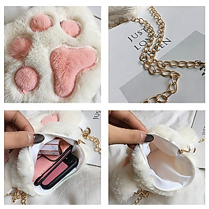 RARITYUS Cute Cat Paw Shape Shoulder Bag Purse Fluffy Plush Crossbody Handbag Clutch with Chain Strap for Women Girls