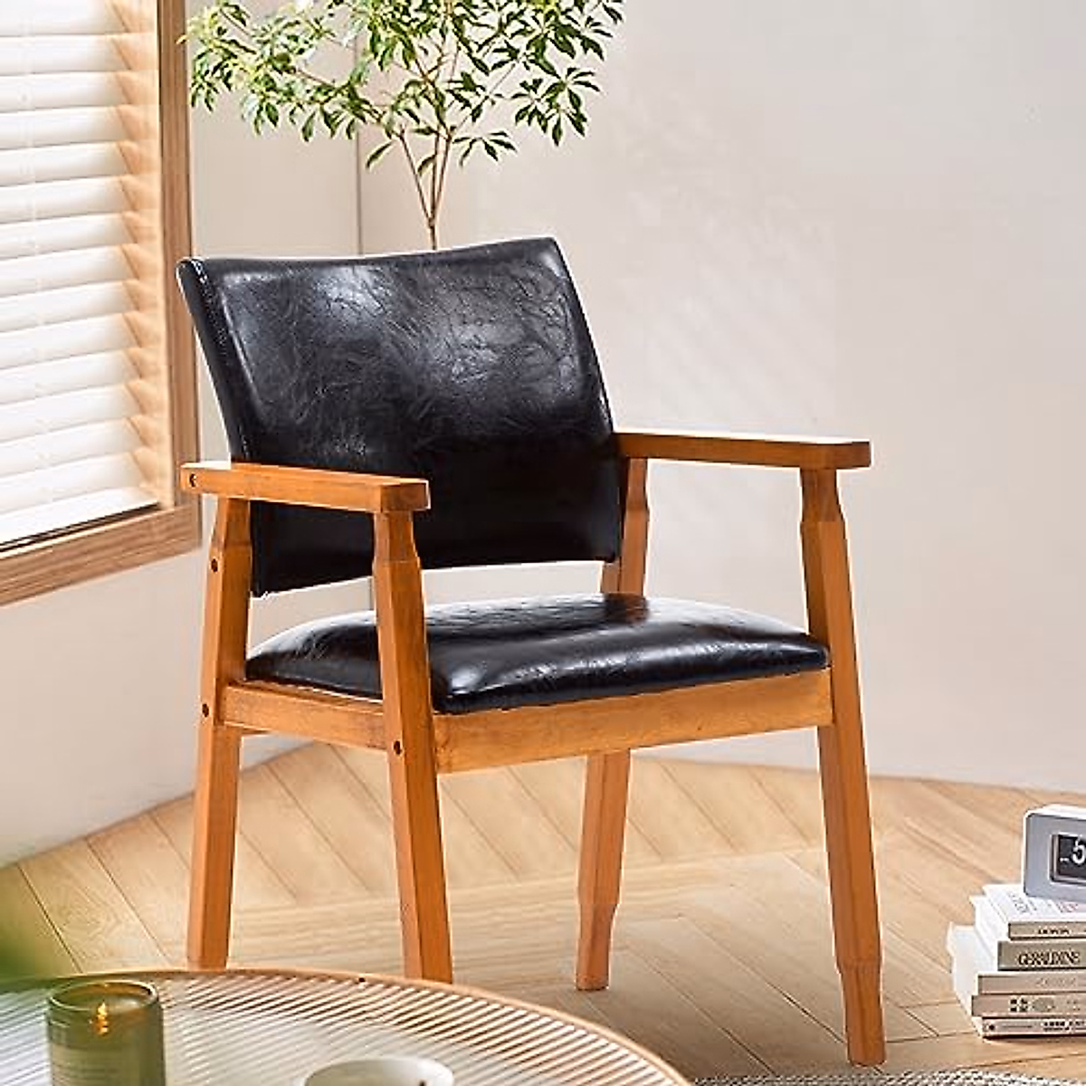 DAGONHIL Modern Walnut Dining Arm Chair Accent Chair Armrests Wooden Chair with Leather Cushion Backrest for Kitchen Dining Room(Pack 1)