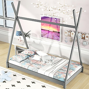 Wood Montessori Floor Bed Frame Twin Size, Twin Floor Bed with Slats and Triangle Structure, Kids Floor Bed Twin Size/Montessori Bed for Kids, Girls, Boys, Twin Bed Frame Gray