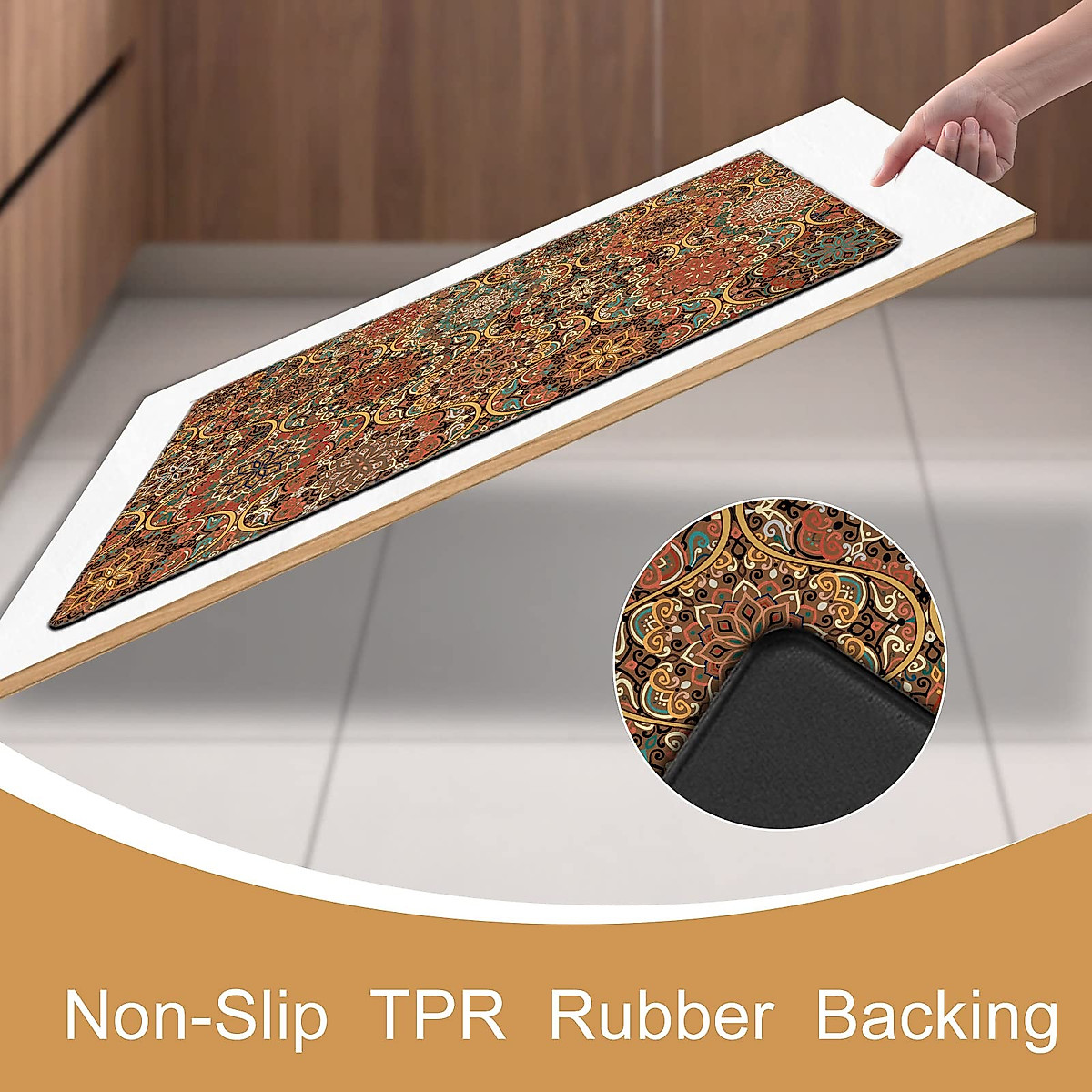 Boho Kitchen Rugs and Mats Sets 2 Cushioned Anti-Fatigue Kitchen Floor Mat Bohemian Retro Style PVC Non-Skid Waterproof Comfort Standing Memory Foam Mat for Sink, Laundry ,17.3" x28" + 17.3" x 47