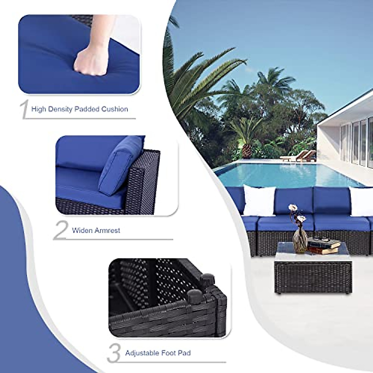 Kinfant Outdoor Patio Furniture Set Wicker Conversation Set - PE Rattan Sectional Sofa with Glass Table and Cushions for Garden Poolside Porch Balcony (Dark Blue)