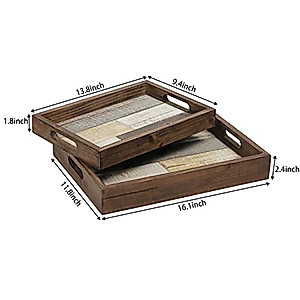 Wooden Serving Trays with Handles Set of 2, Unique Coffee Table Tray, Rectangular Decorative Ottoman Food Trays for Eating, Farmhouse Serving Platter for Food, Drinks, Breakfast, Patio, Home, Party