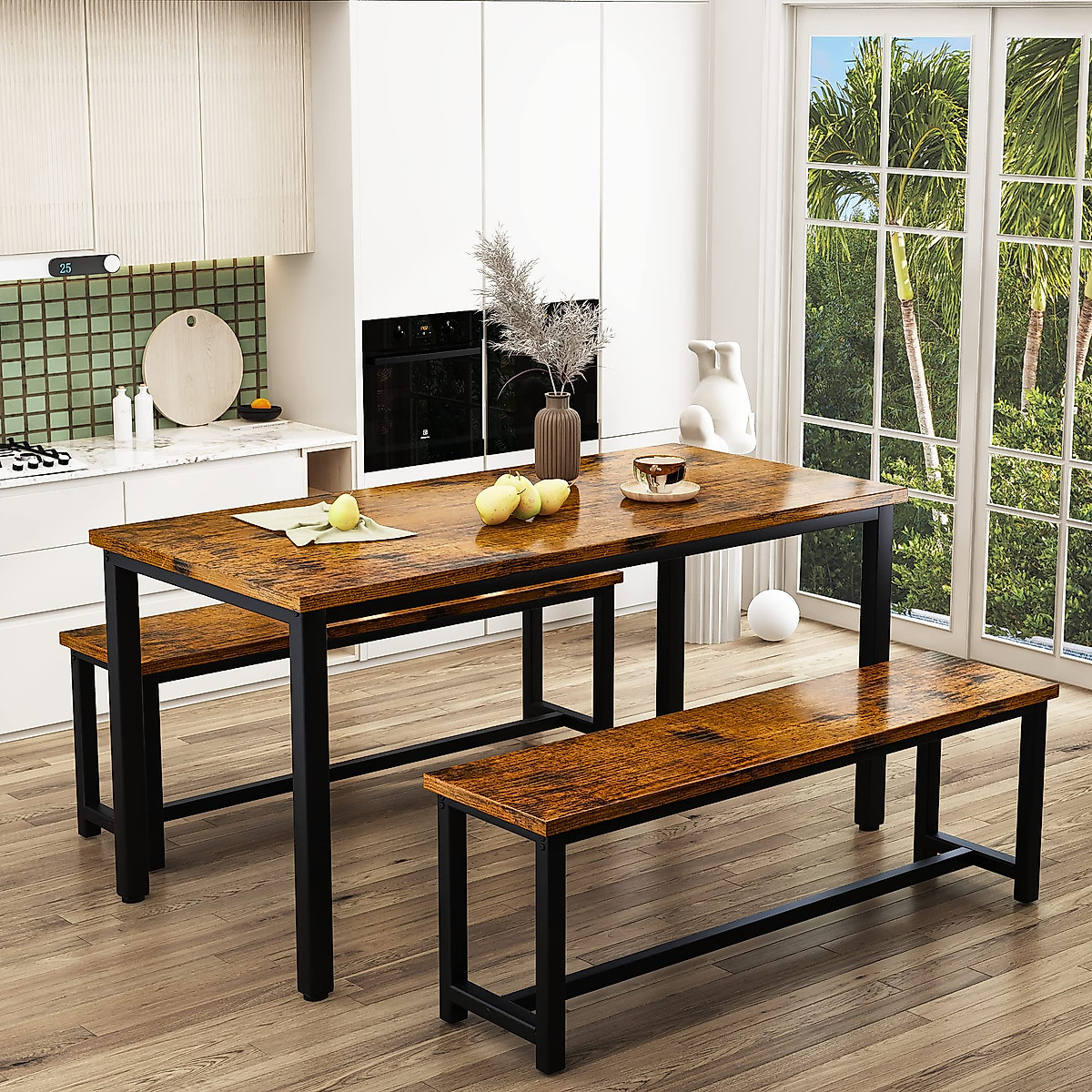Recaceik Dining Table Set for 4 Kitchen Table Set with 2 Dining Benches, 3 Piece Farmhouse Dining Room Table Set Industrial Breakfast Nook Table Set for Small Space, Apartment, Rustic Brown