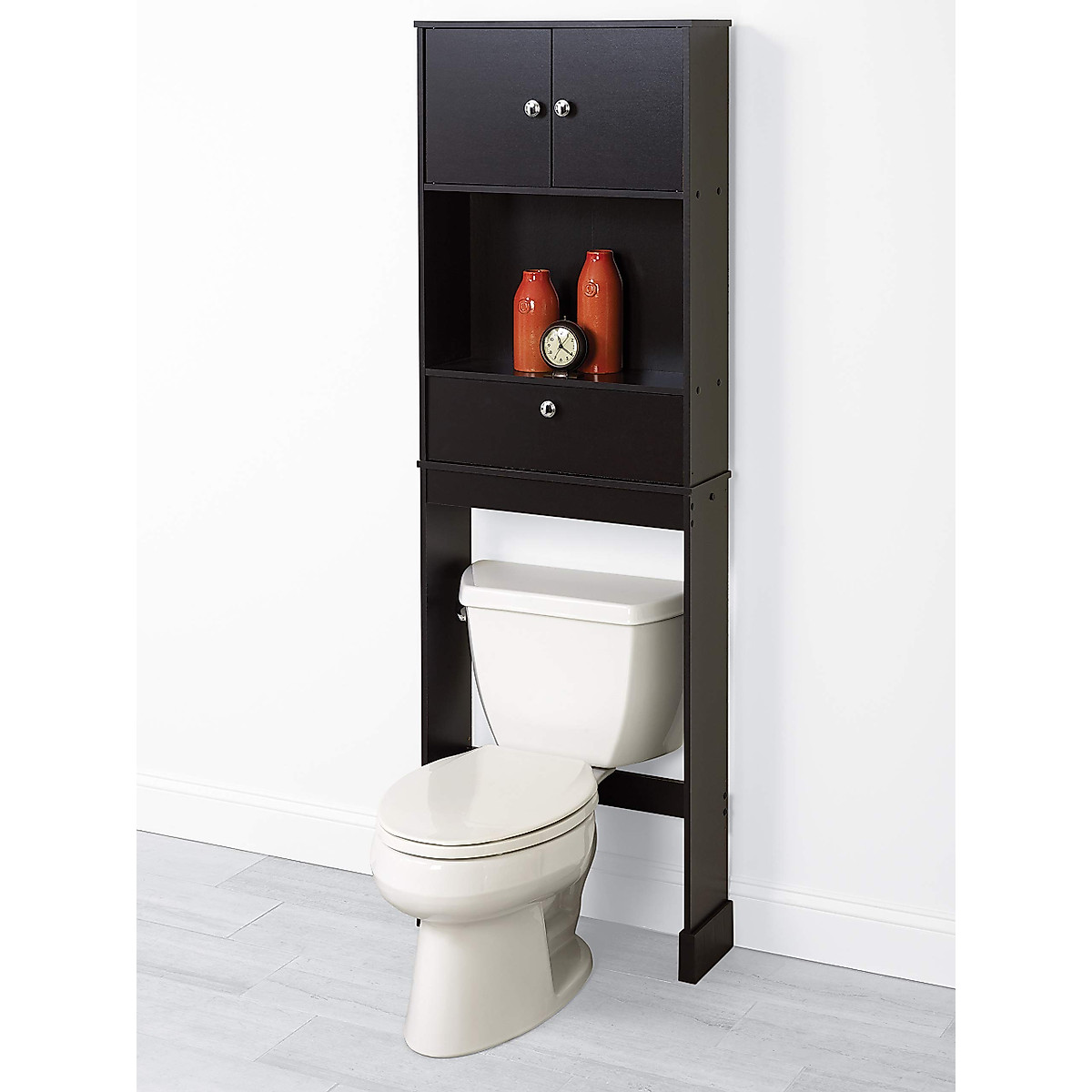 Zenna Home Drop Door Over-the-Toilet Bathroom Spacesaver, Bath-Storage Shelves with Leg Extensions, Espresso