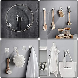 Heavy Duty Adhesive Hooks, Stick on Wall Adhesive Hangers, Strong Stainless Steel Holder, Self Adhesive Hooks for Kitchen Bathroom Home Door Towel Coat Key Robe 4 Packs (Silver)